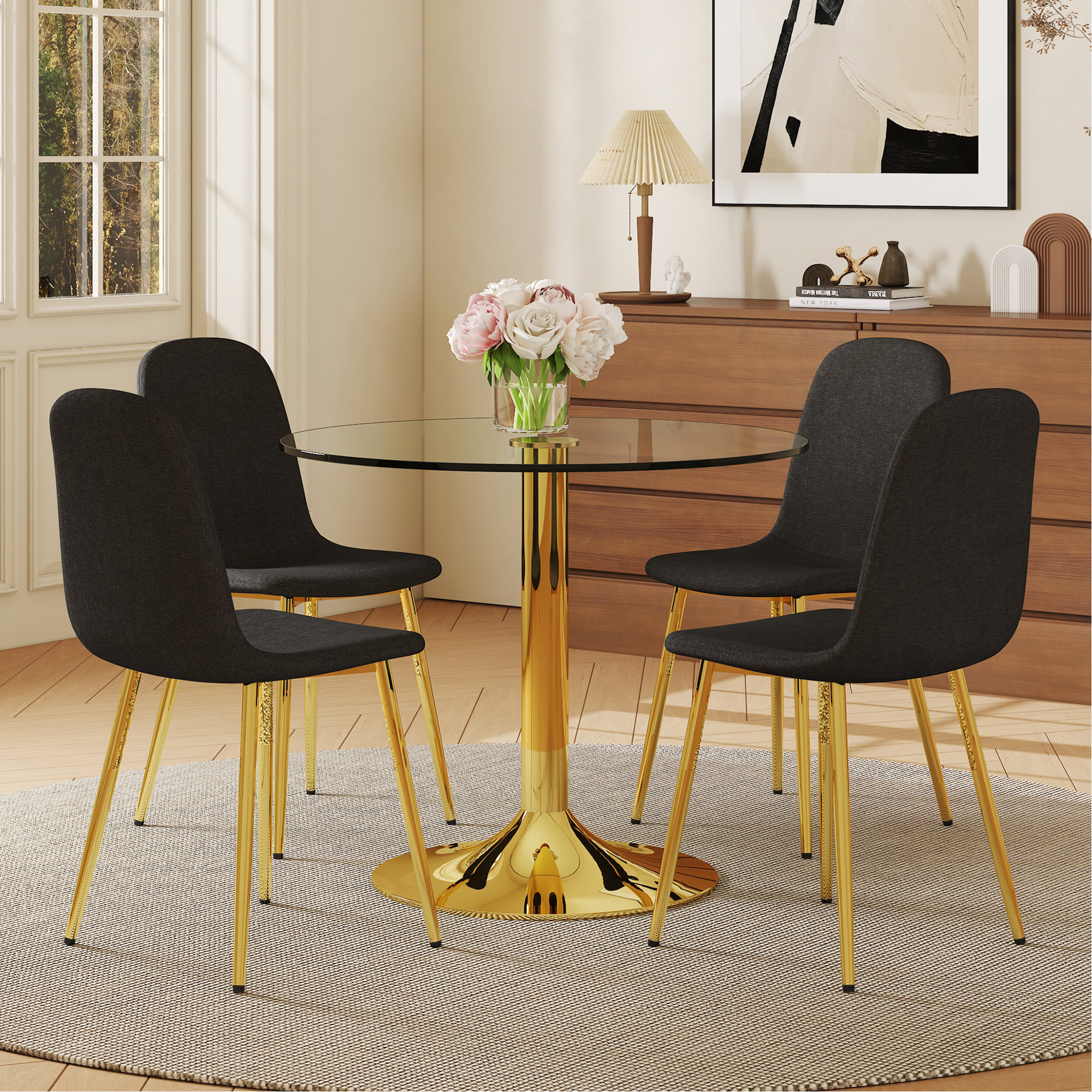 Mercer41 Table And Chair Set.A 35" Transparent Tempered Glass Round Dining Table-Gold Metal ...